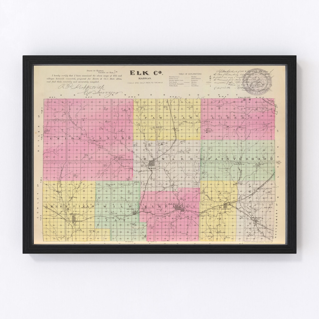 Elk County Map 1887, Vintage Elk County Map, Old Elk County Kansas Art ...