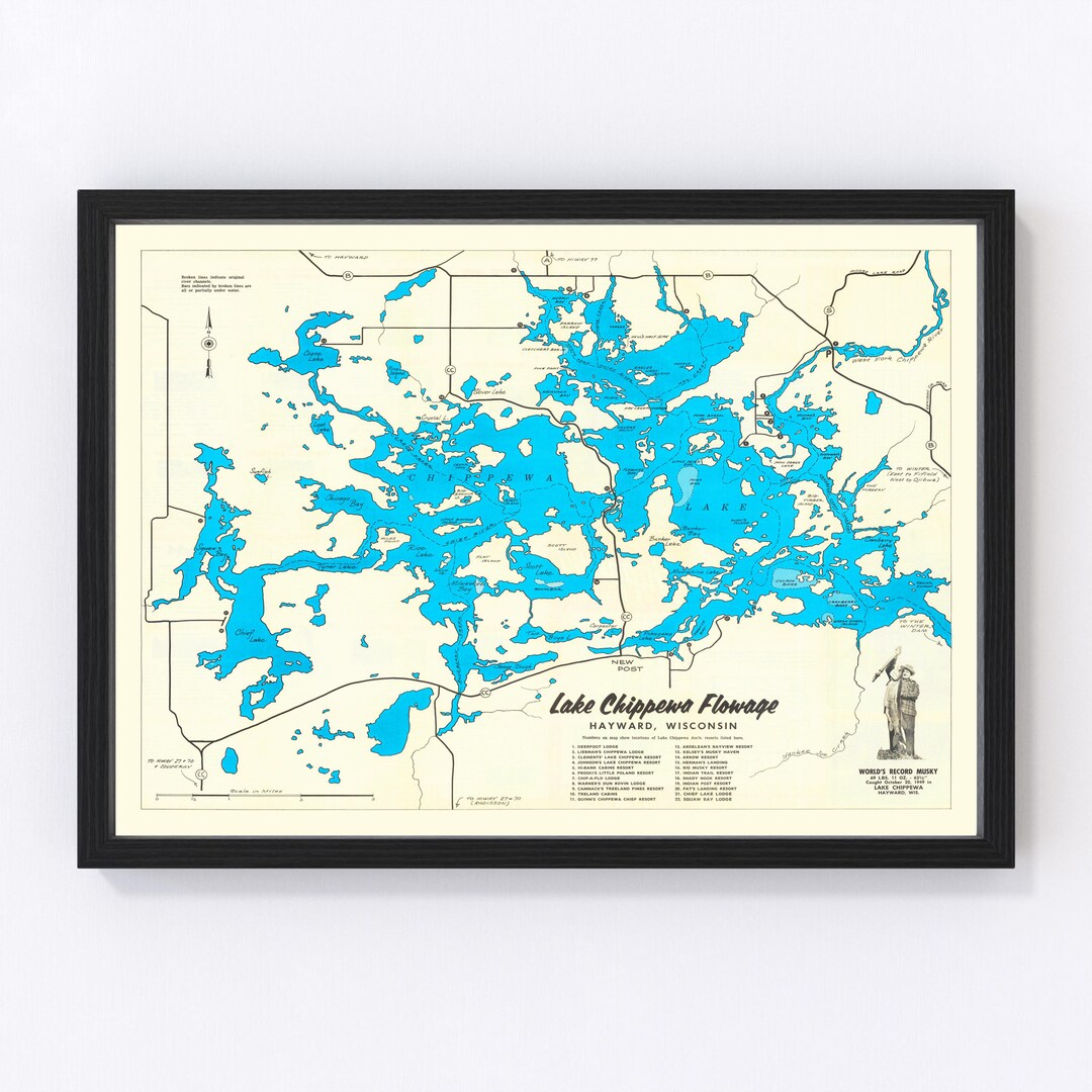 Lake Chippewa Map 1950 - Old Map of Lake Chippewa Art Vintage Print ...