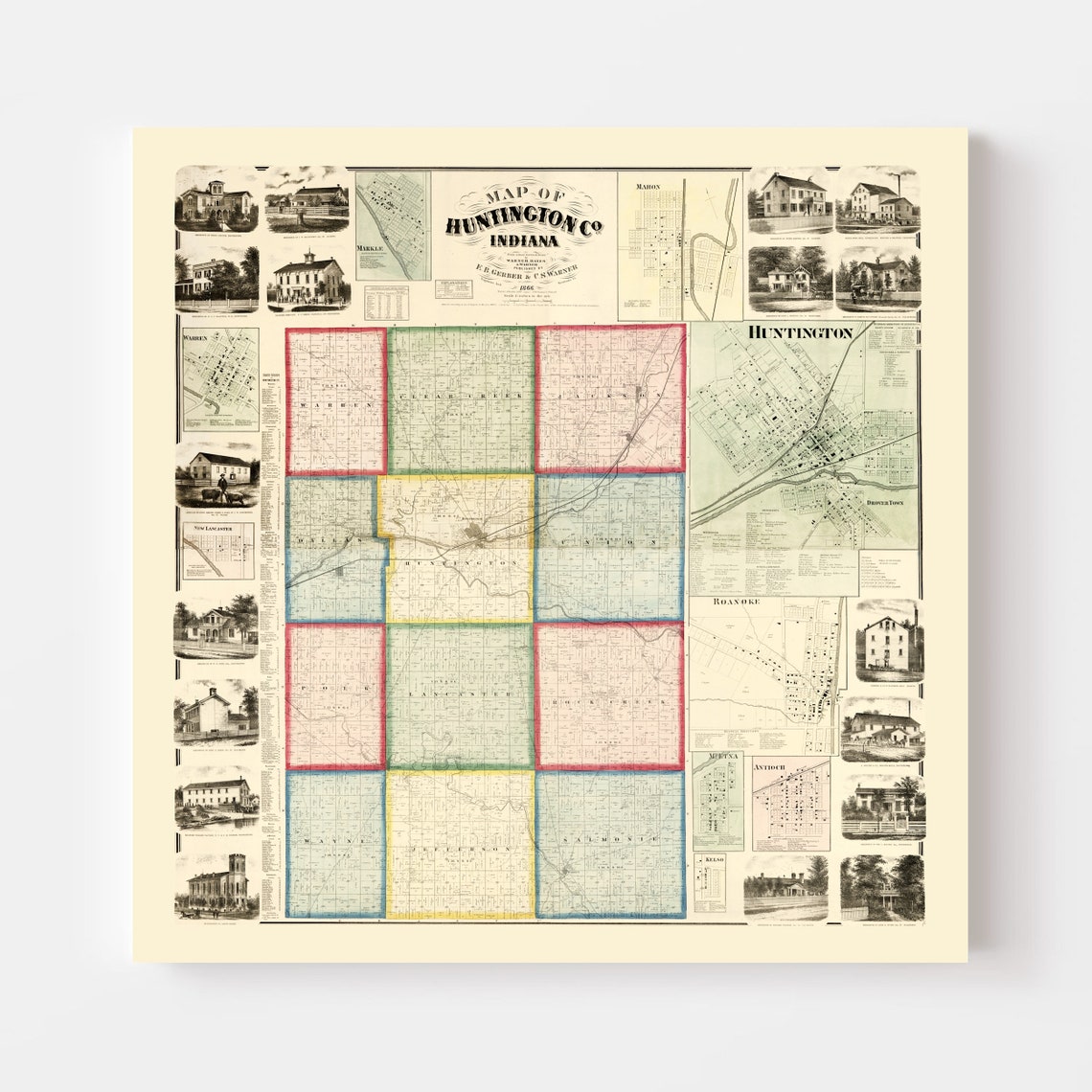 Huntington County Map 1866, Vintage Huntington County Map, Old ...