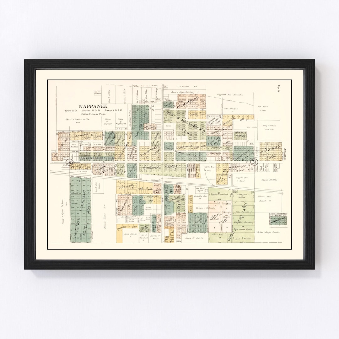 Nappanee Map 1929, Vintage Nappanee Map, Old Nappanee Indiana Art, Wall ...