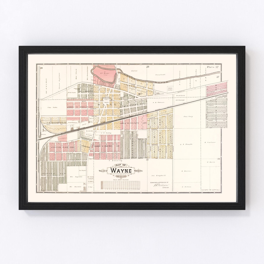 Wayne Map 1893, Vintage Wayne Map, Old Wayne Michigan Art, Wall Art ...