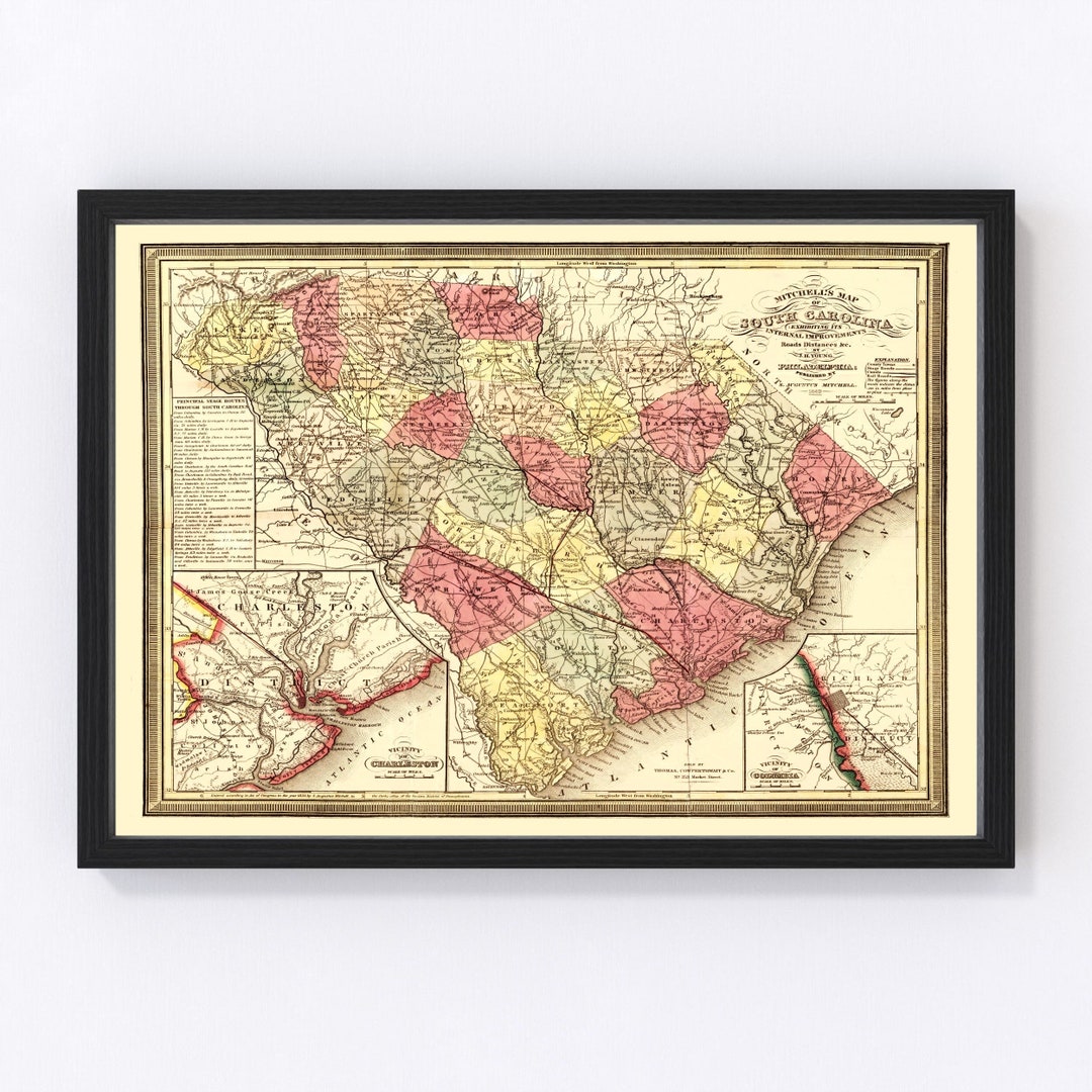 South Carolina Map 1849, Vintage South Carolina Map, Old South Carolina ...