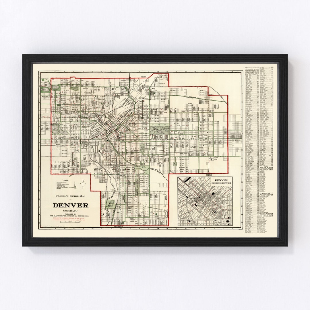 Denver Map 1920 - Old Map of Denver Colorado Art Vintage Print Framed ...