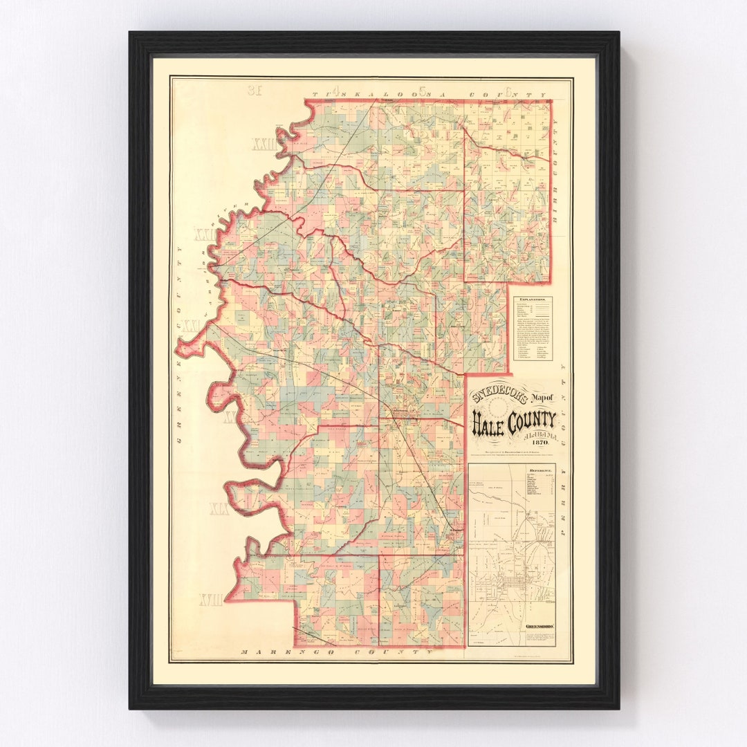Hale County Map 1870, Vintage Hale County Map, Old Hale County Alabama ...