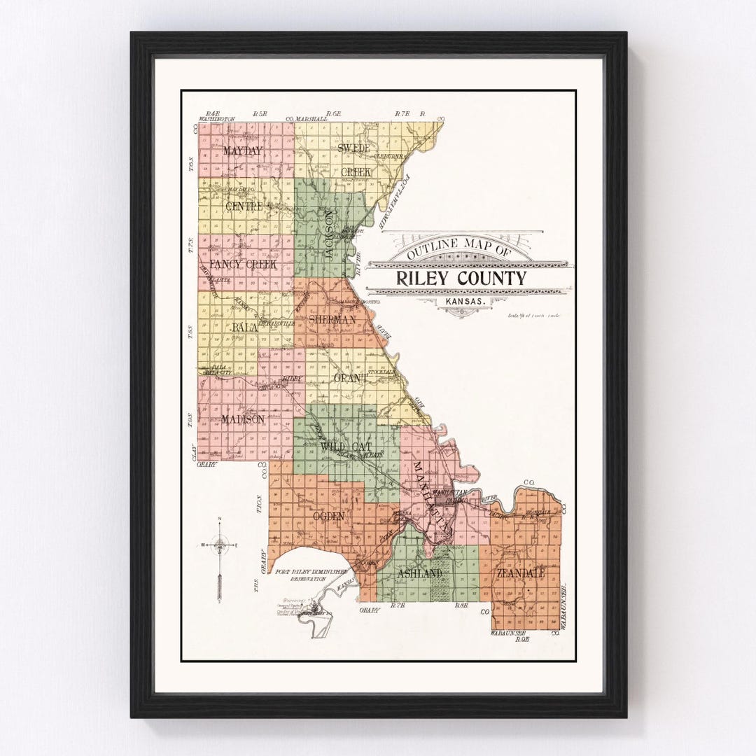 Riley County KS Map 1909 Old Map of Kansas Art Vintage Print Framed ...