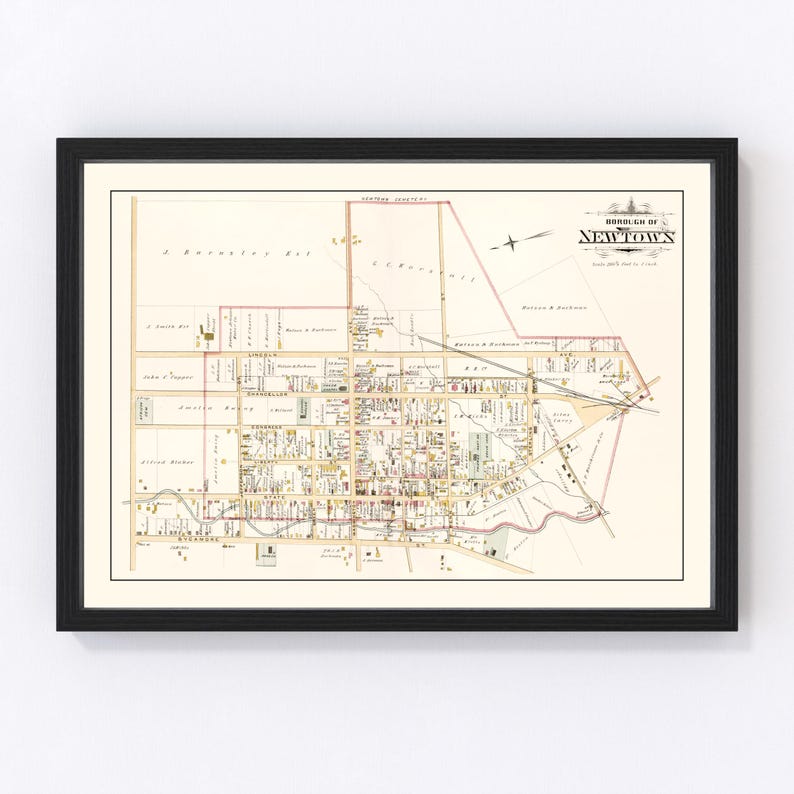 Newtown Map 1891, Vintage Newtown Map, Old Newtown Pennsylvania Art ...