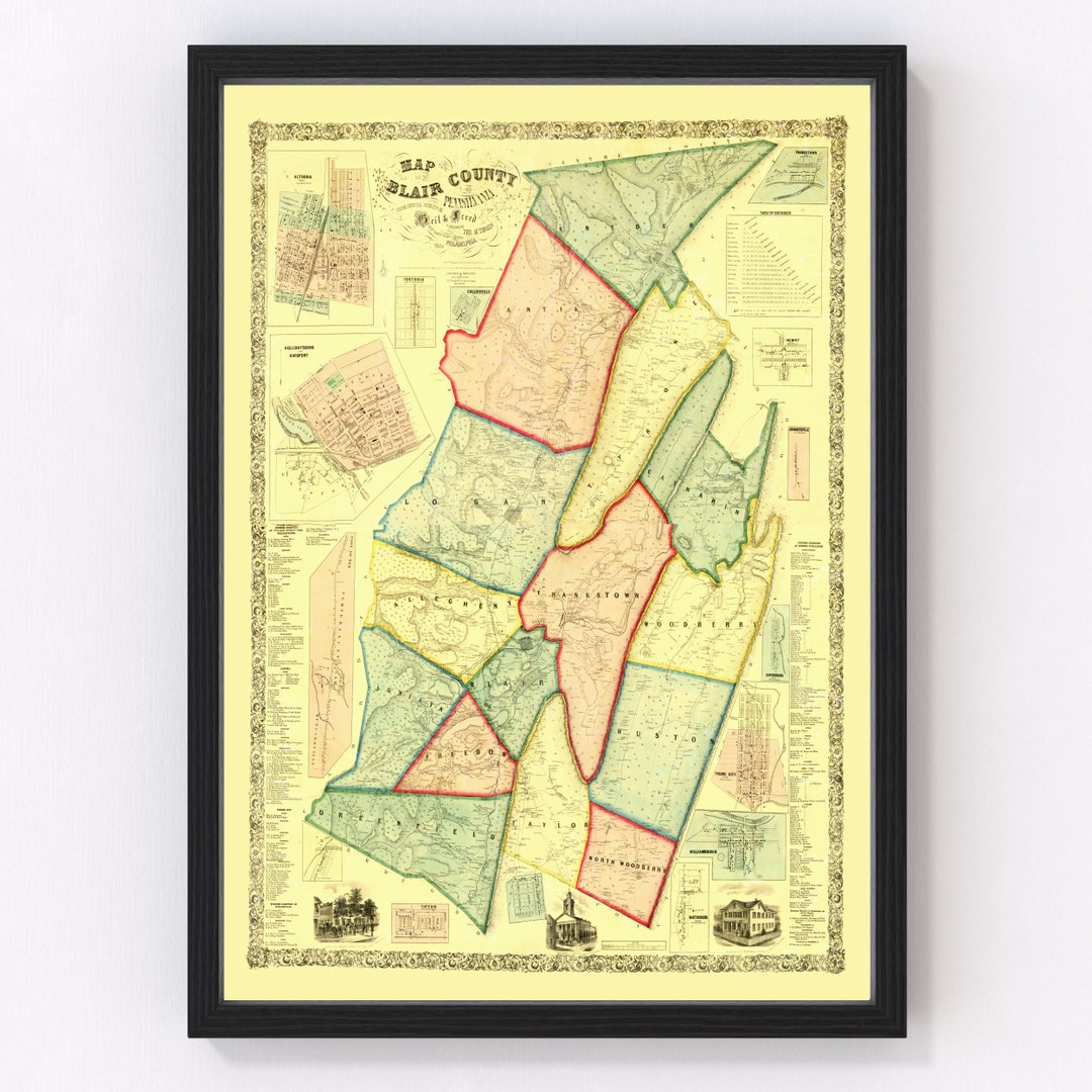 Blair County Map 1859, Vintage Blair County Map, Old Blair County ...