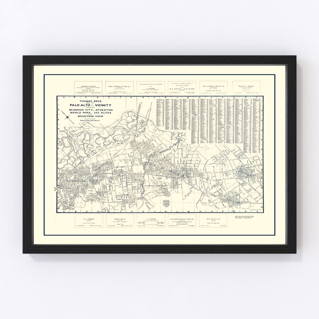 Palo Alto Map 1920, Vintage Palo Alto Map, Old Palo Alto California Art ...