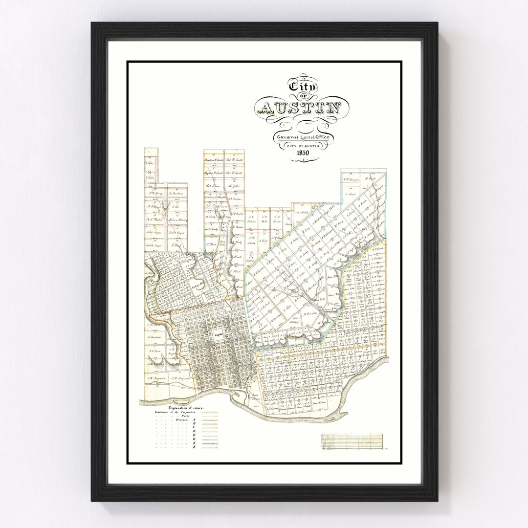 Austin Map 1850, Vintage Austin Map, Old Austin Texas Art, Wall Art ...