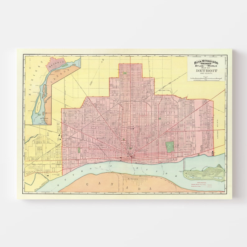 Detroit Map 1897, Vintage Detroit Map, Old Detroit Michigan Art, Wall ...