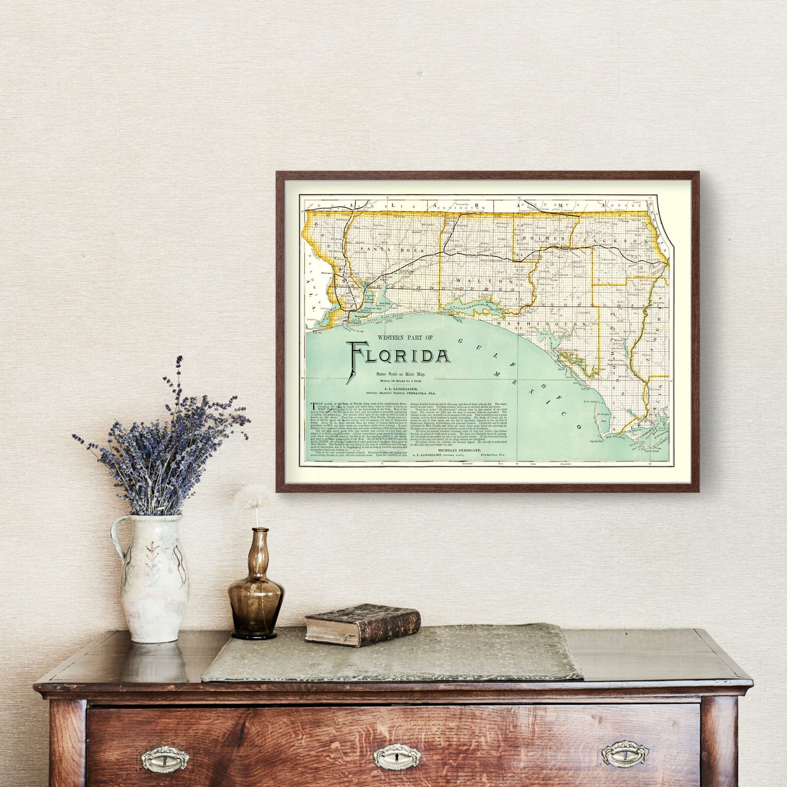Florida Map 1890 - Old Map of Florida Art Vintage Print Framed Wall Art ...