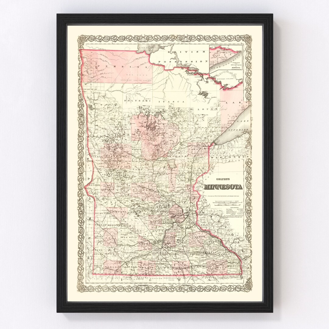 Minnesota Map 1873 Old Map of Minnesota Art Vintage Print Framed Wall ...