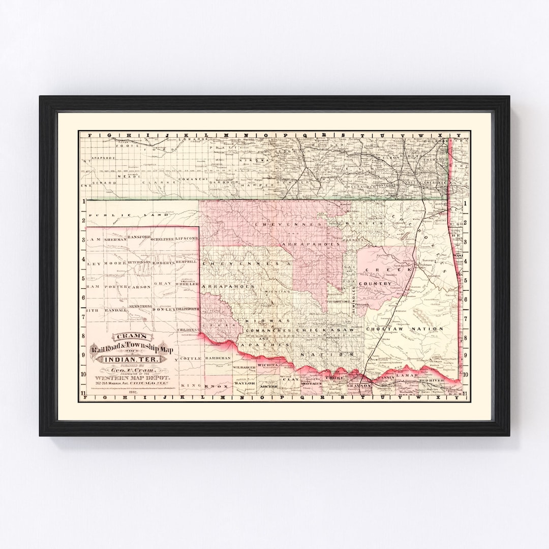 Oklahoma Railroad Map 1882 Old Railroad Map of Oklahoma Art Vintage ...