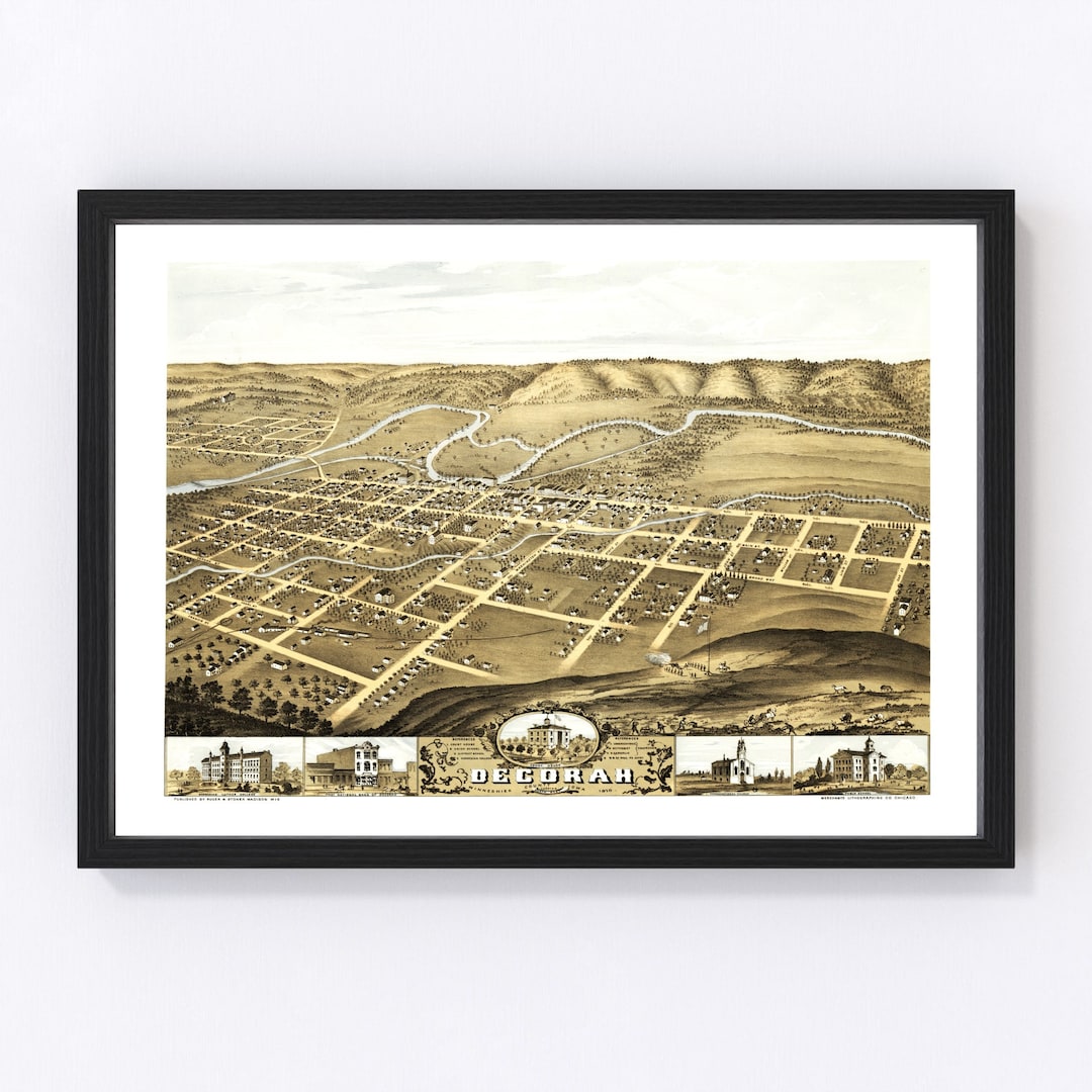 Decorah Map 1870 - Old Map of Decorah Iowa Art Vintage Print Framed ...