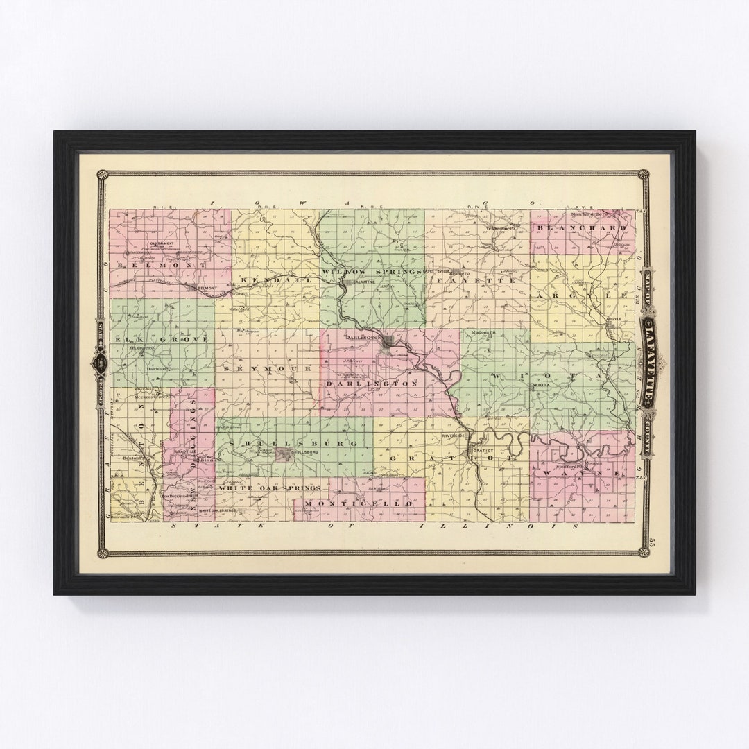 Lafayette County WI Map 1878 Old Map of Darlington Wisconsin Art ...