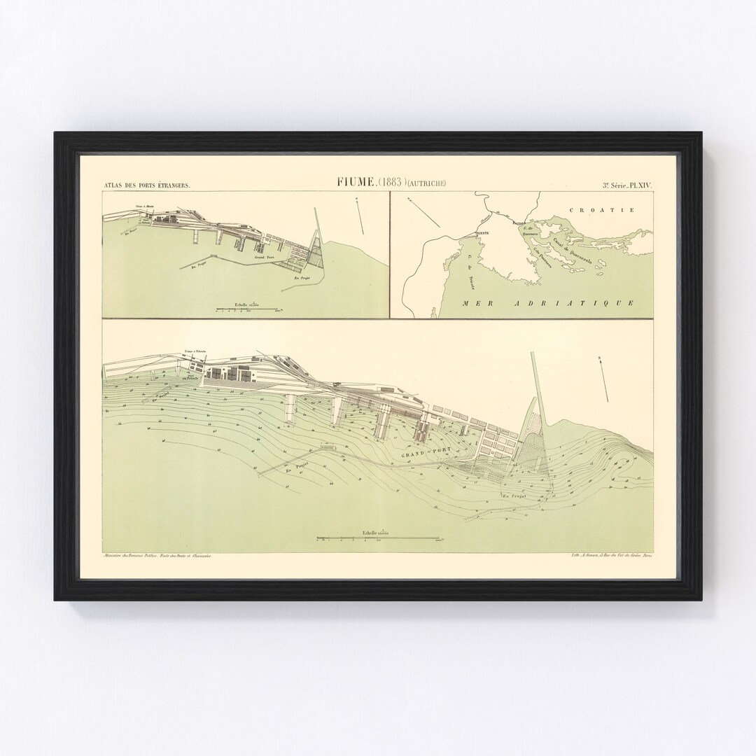 Rijeka Map 1883, Vintage Rijeka Map, Old Rijeka Art, Wall Art Gift for ...