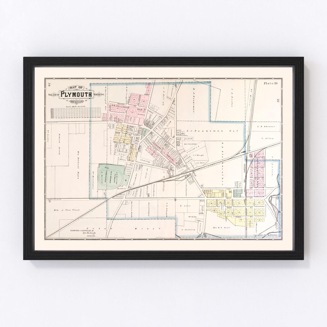 Plymouth Map 1893 Old Map of Plymouth Michigan Art Vintage Print Framed ...