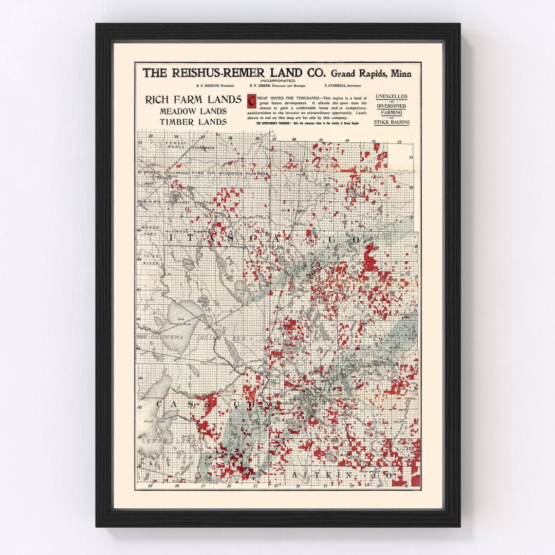 Itasca County MN Map 1908 Old Map of Minnesota Art Vintage Print Framed ...
