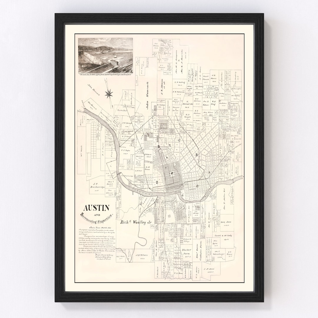 Austin Map 1891 - Old Map of Austin Texas Art Vintage Print Framed ...