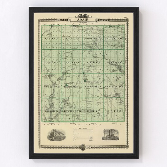 Adair County IA Map 1875 Old Map of Greenfield Iowa Art - Etsy