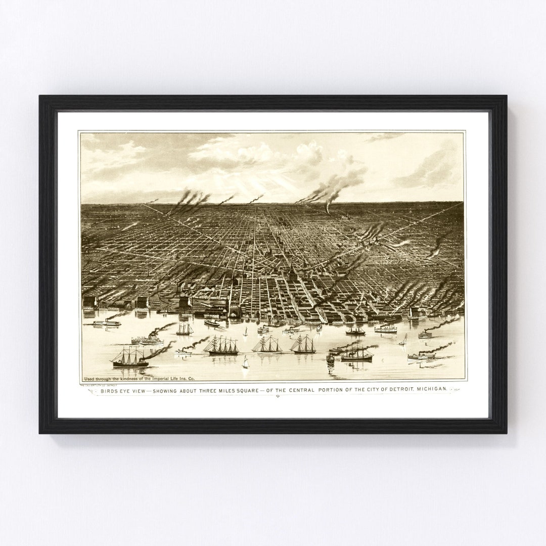 Detroit Map 1889 - Old Map of Detroit Michigan Art Vintage Print Framed ...