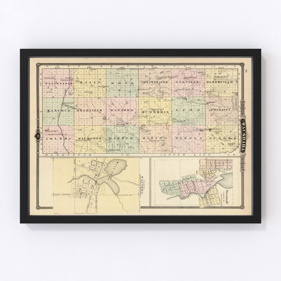 Waushara County WI Map 1878 Old Map of Waupaca Wisconsin Art Vintage Print Framed Canvas Bird's ...