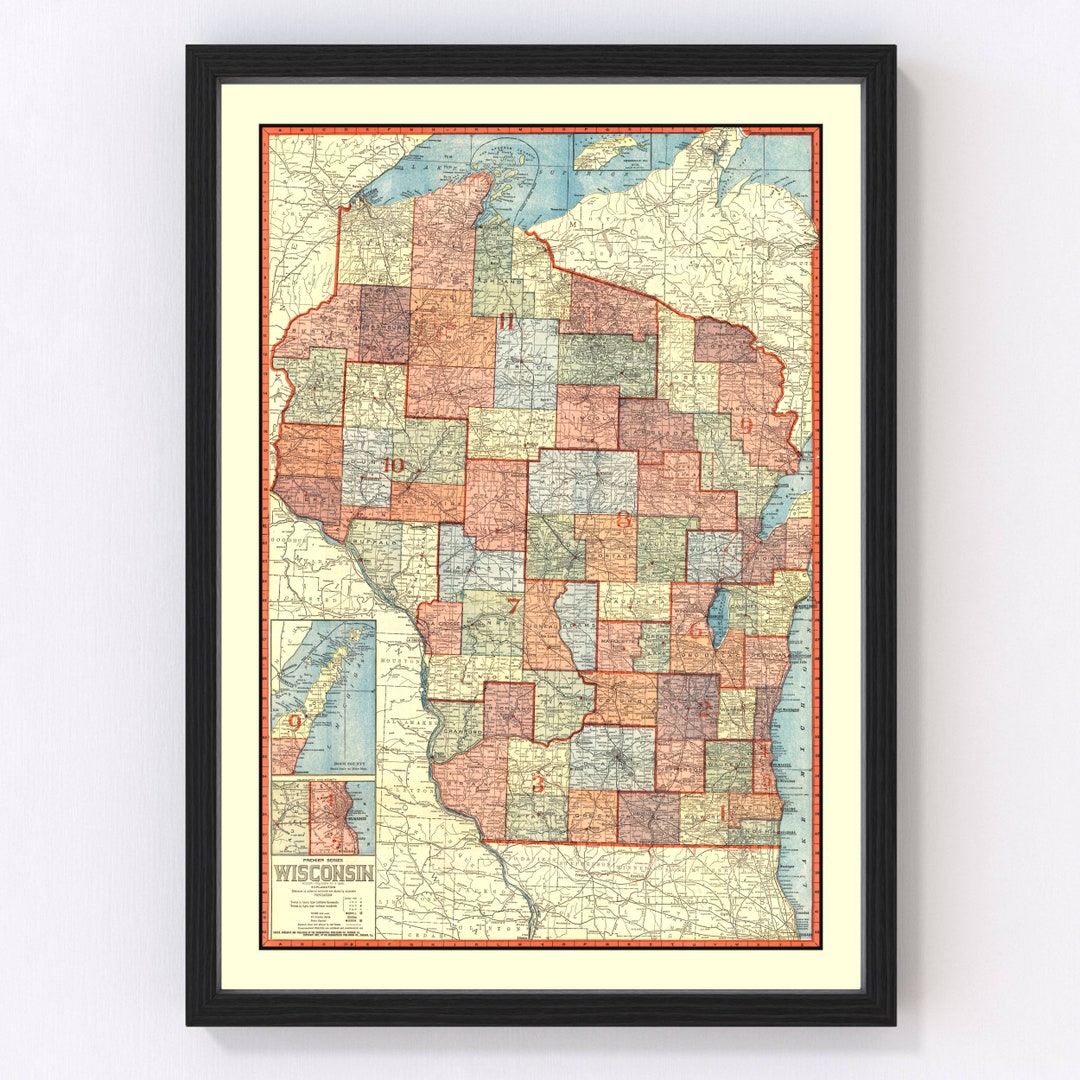 Wisconsin Map 1907, Vintage Wisconsin Map, Old Wisconsin Art, Wall Art ...