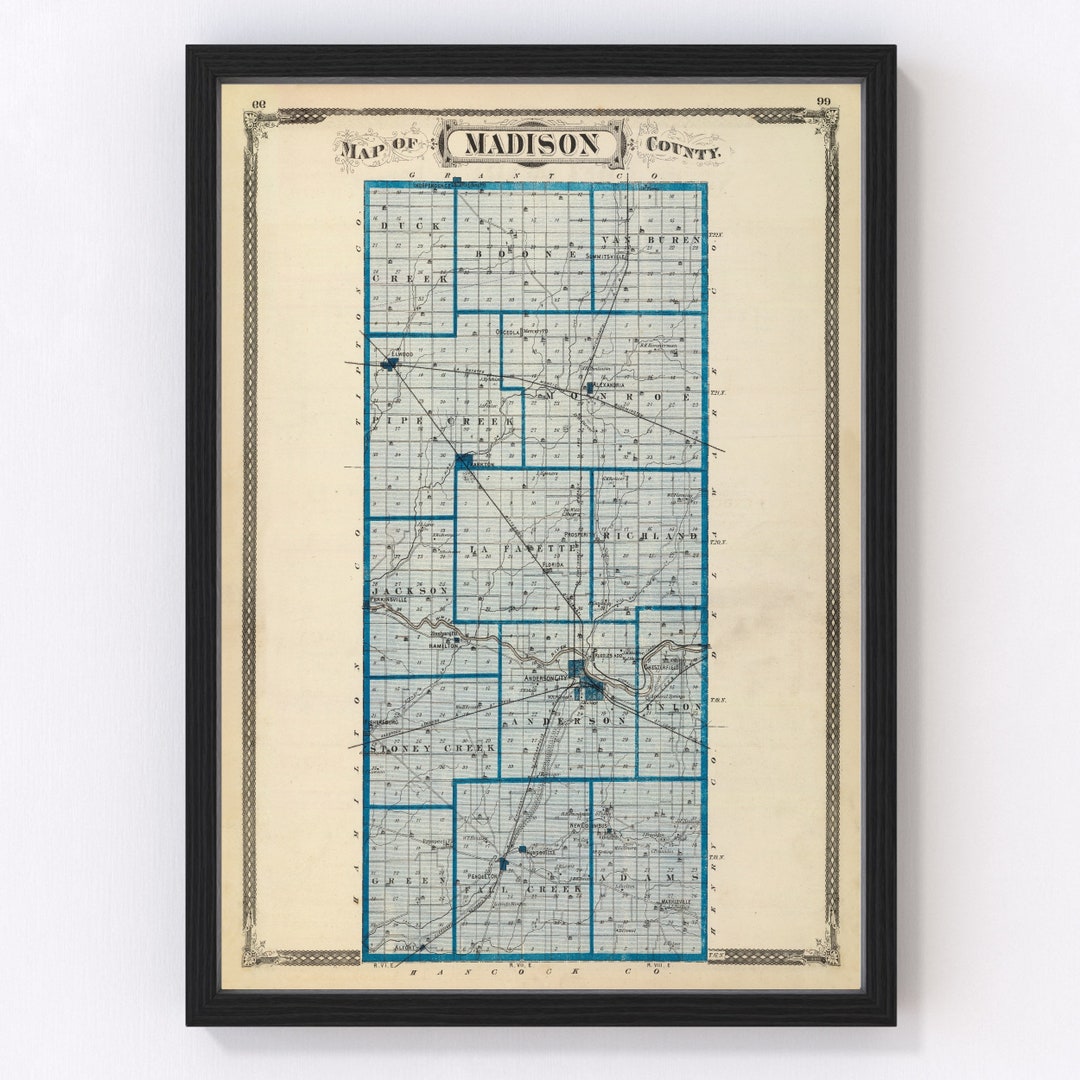 Madison County IN Map 1876 Old Map of Anderson Indiana Art Vintage ...