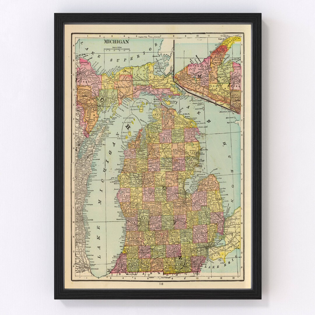 Michigan Map 1909 - Old Map of Michigan Art Vintage Print Framed Wall ...