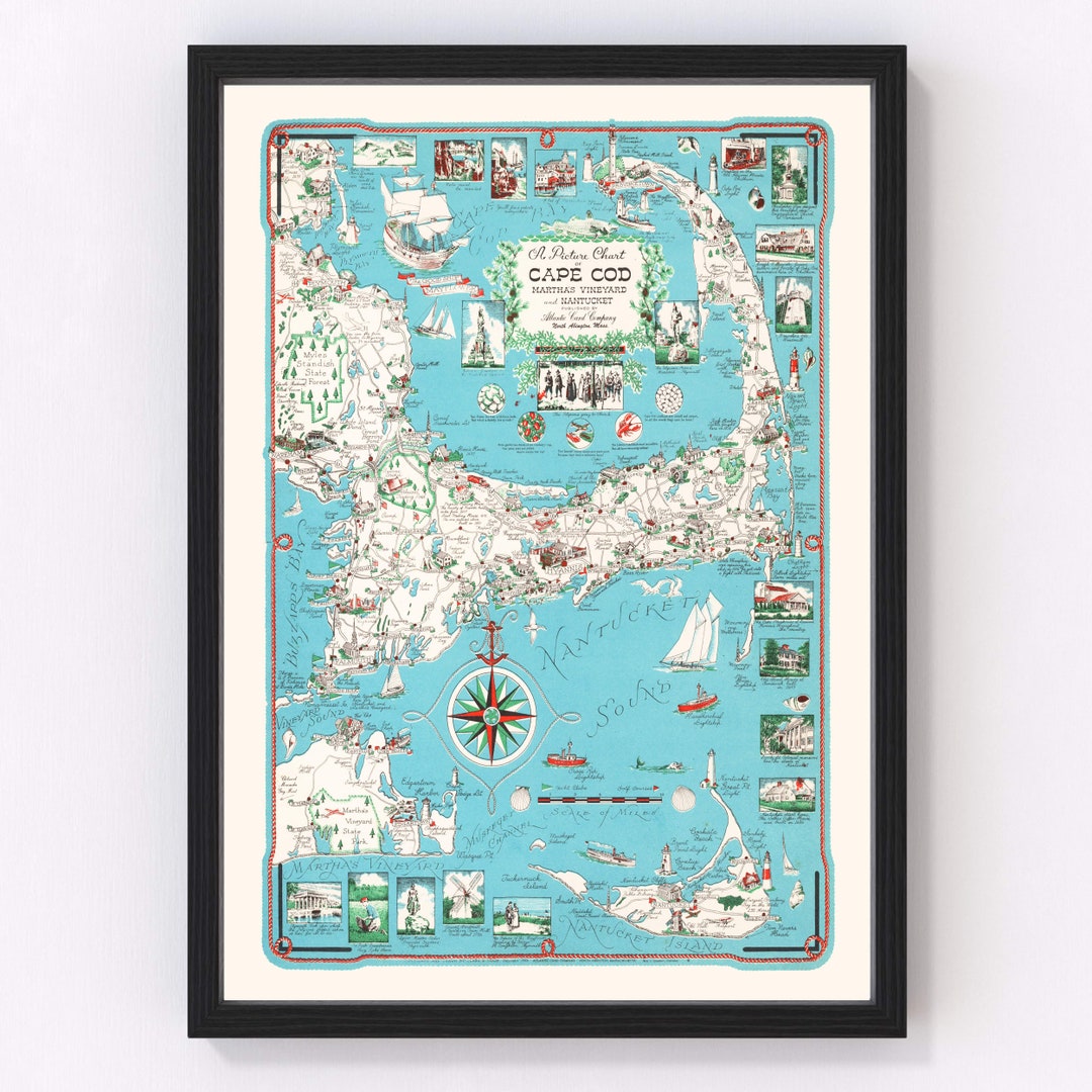 Cape Cod Map 1955 Old Map of Cape Cod Art Vintage Print Framed Wall Art ...