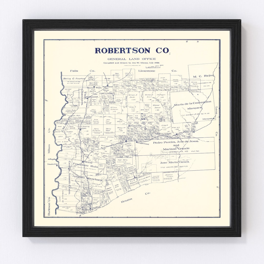 Robertson County TX Map 1889 Old Map of Texas Art Vintage Print Framed ...