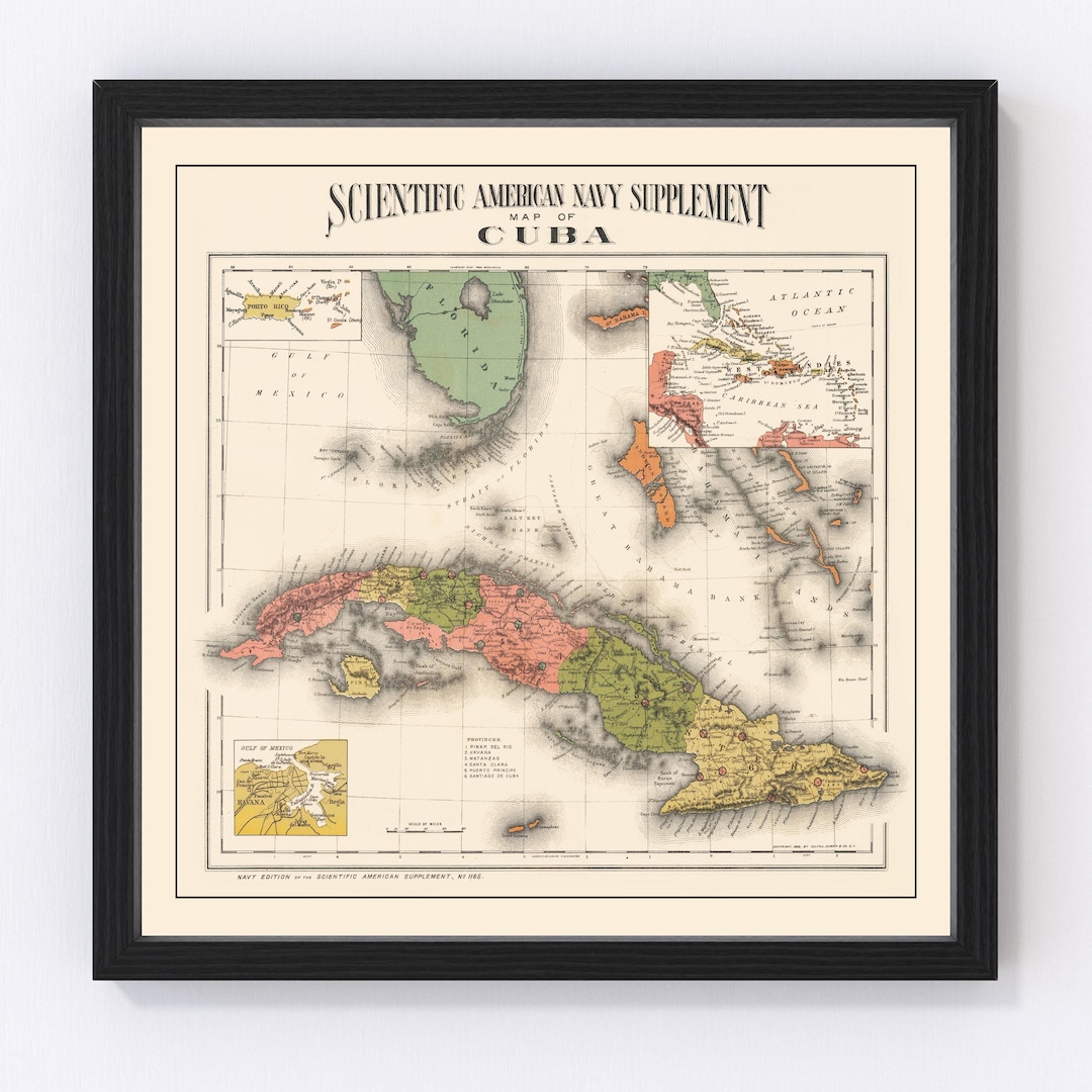 Cuba Map 1898, Vintage Cuba Map, Old Cuba Art, Wall Art Gift for Cuba ...
