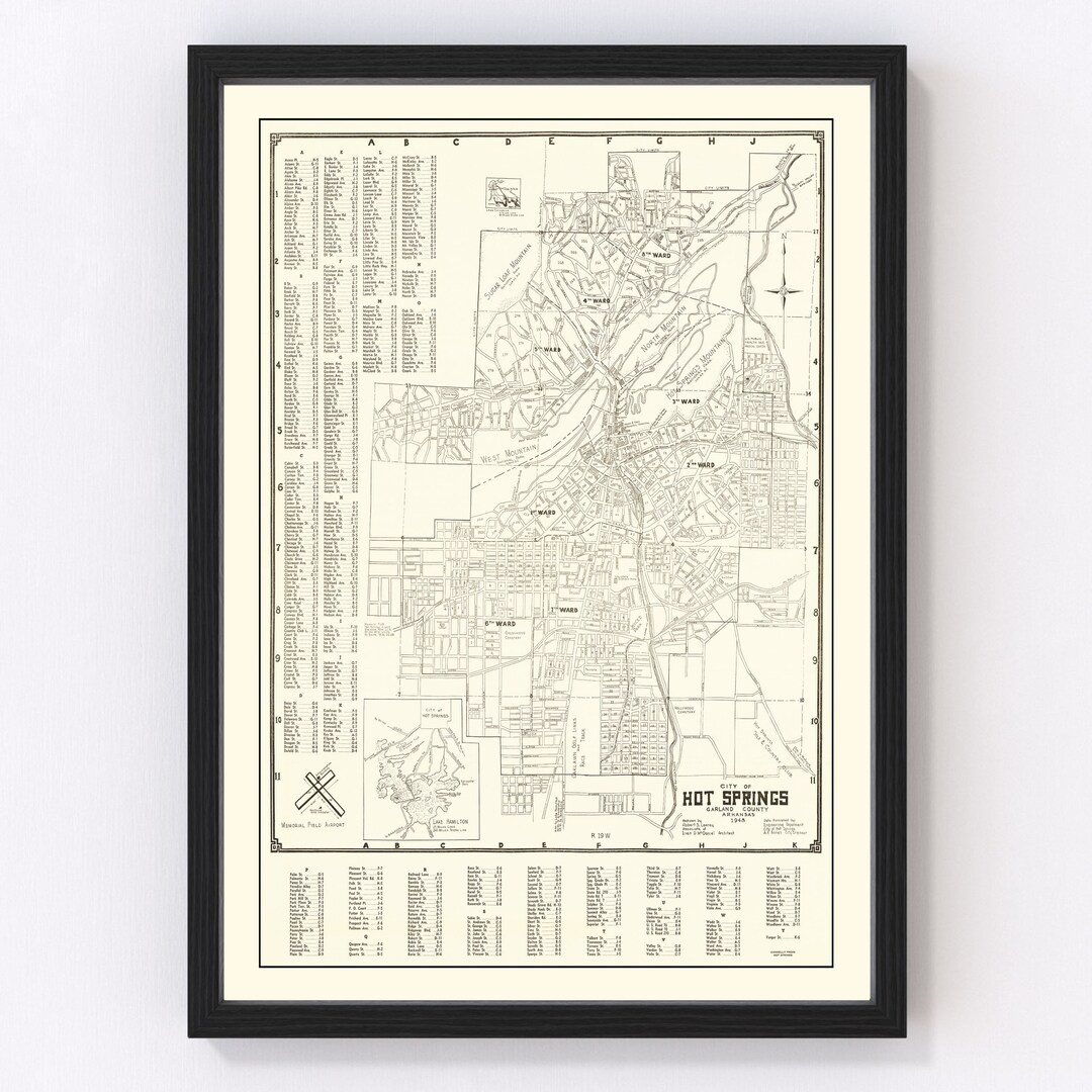 Hot Springs Map 1948 - Old Map of Hot Springs Arkansas Art Vintage ...