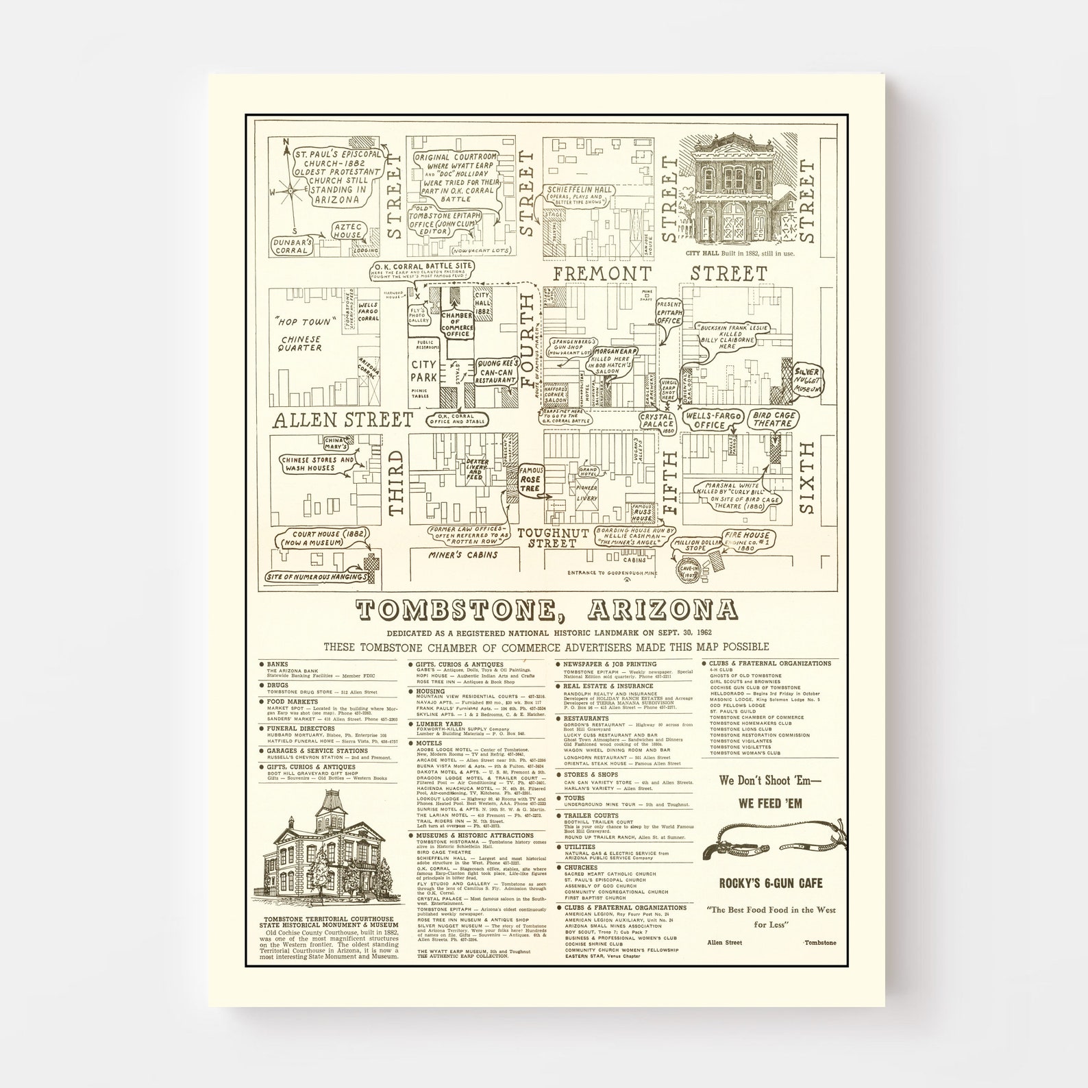 Tombstone Map 1962 - Old Map of Tombstone Arizona Art Vintage Print ...