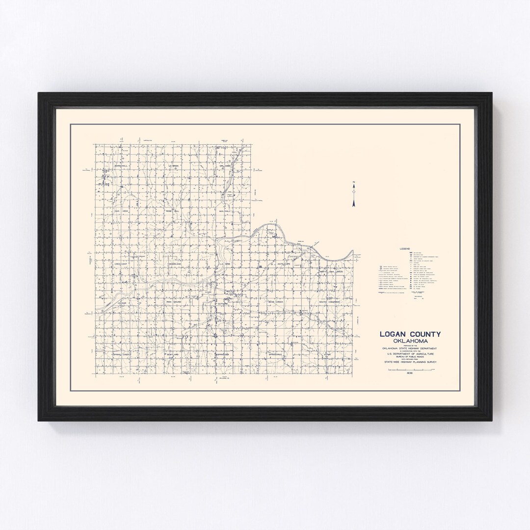 Logan County OK Map 1936 Old Map of Oklahoma Art Vintage Print Framed ...