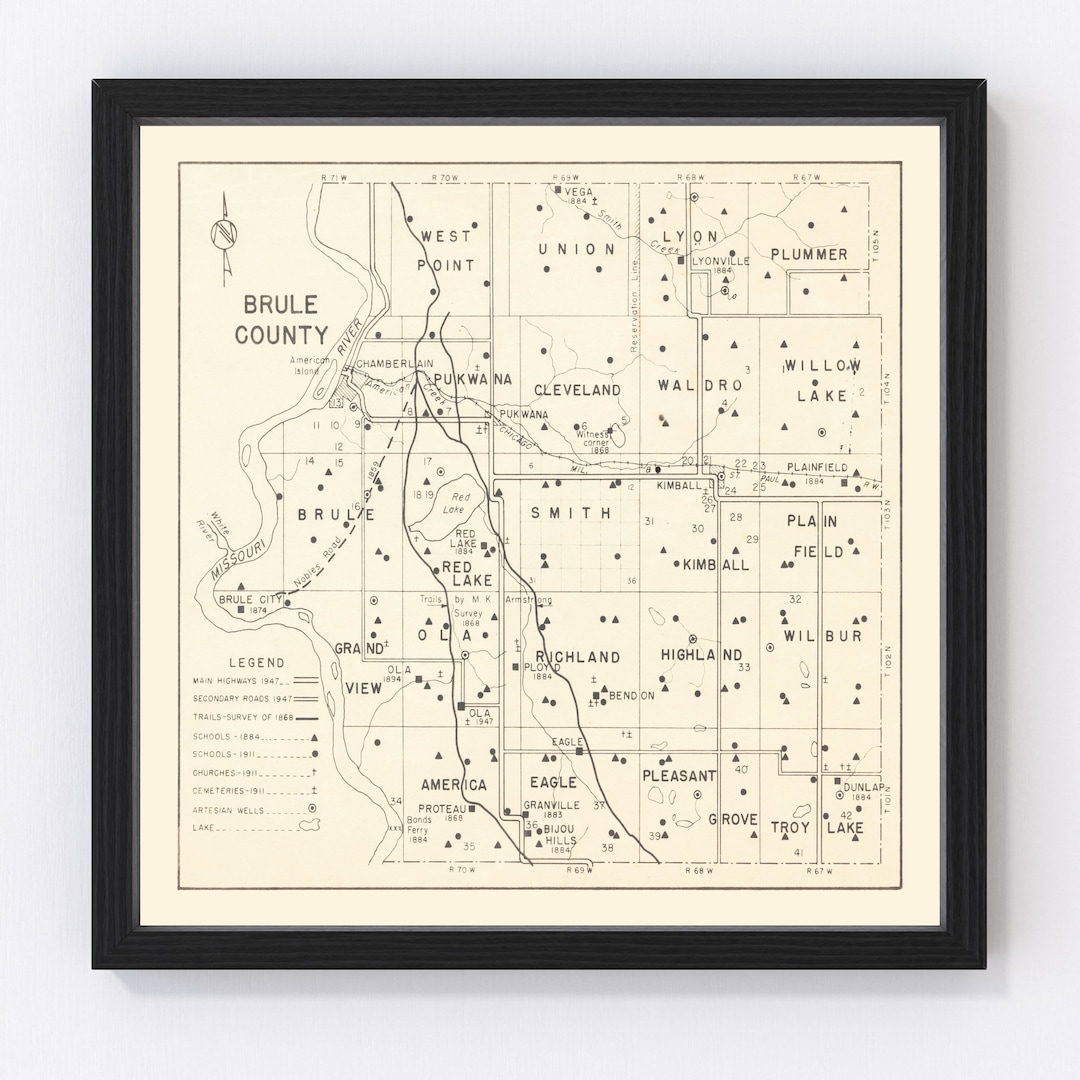 Brule County SD Map 1947 Old Map of South Dakota Art Vintage Print ...