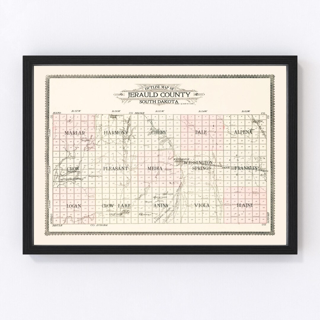 Jerauld County SD Map 1909 - Old Map of South Dakota Art Vintage Print ...