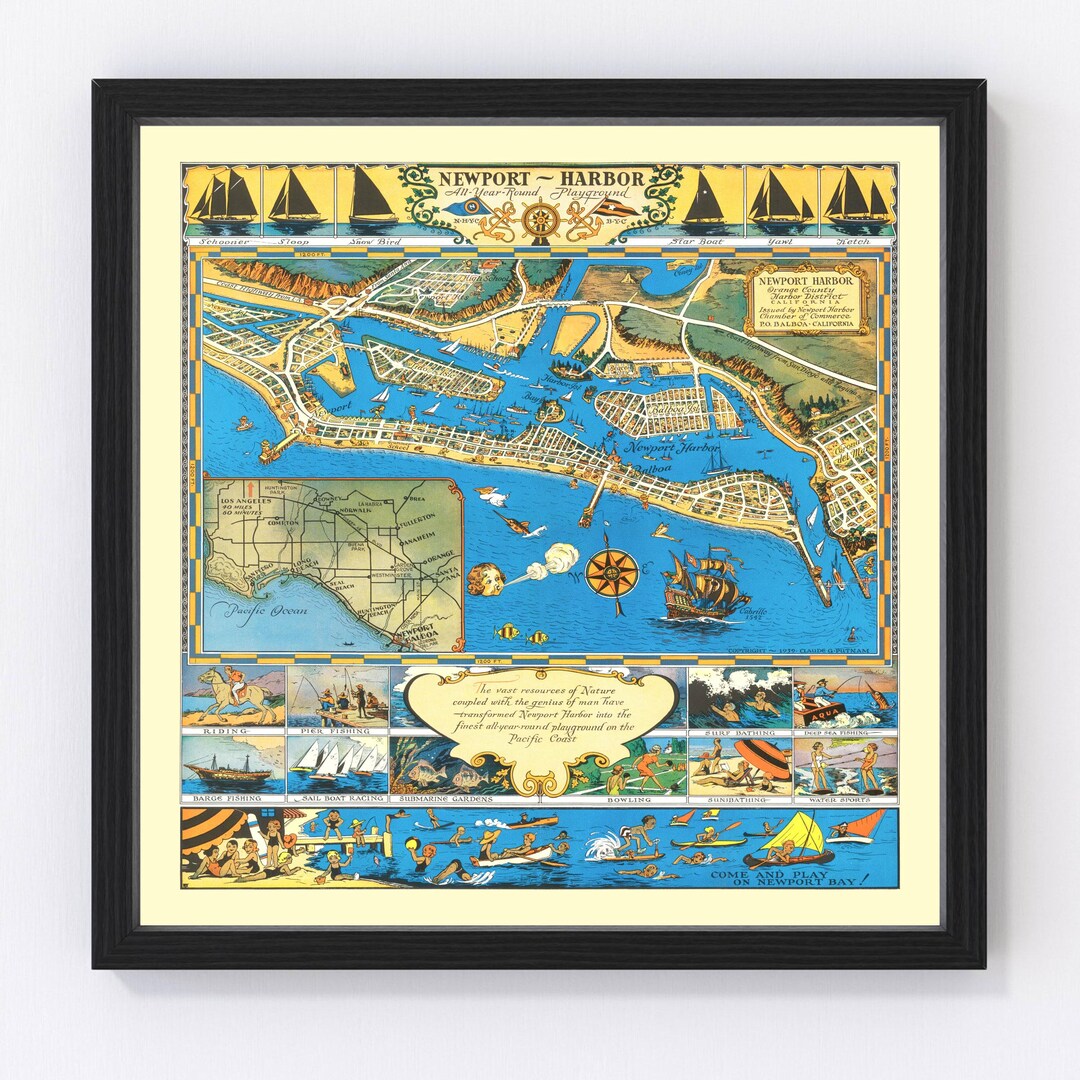 Newport Harbor Map 1939, Vintage Newport Harbor Map, Old Newport Harbor ...