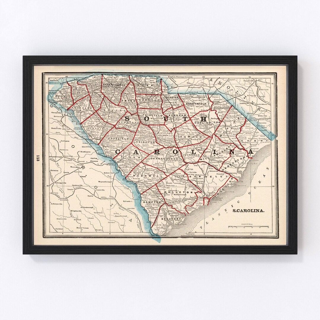 South Carolina Map 1893, Vintage South Carolina Map, Old South Carolina ...