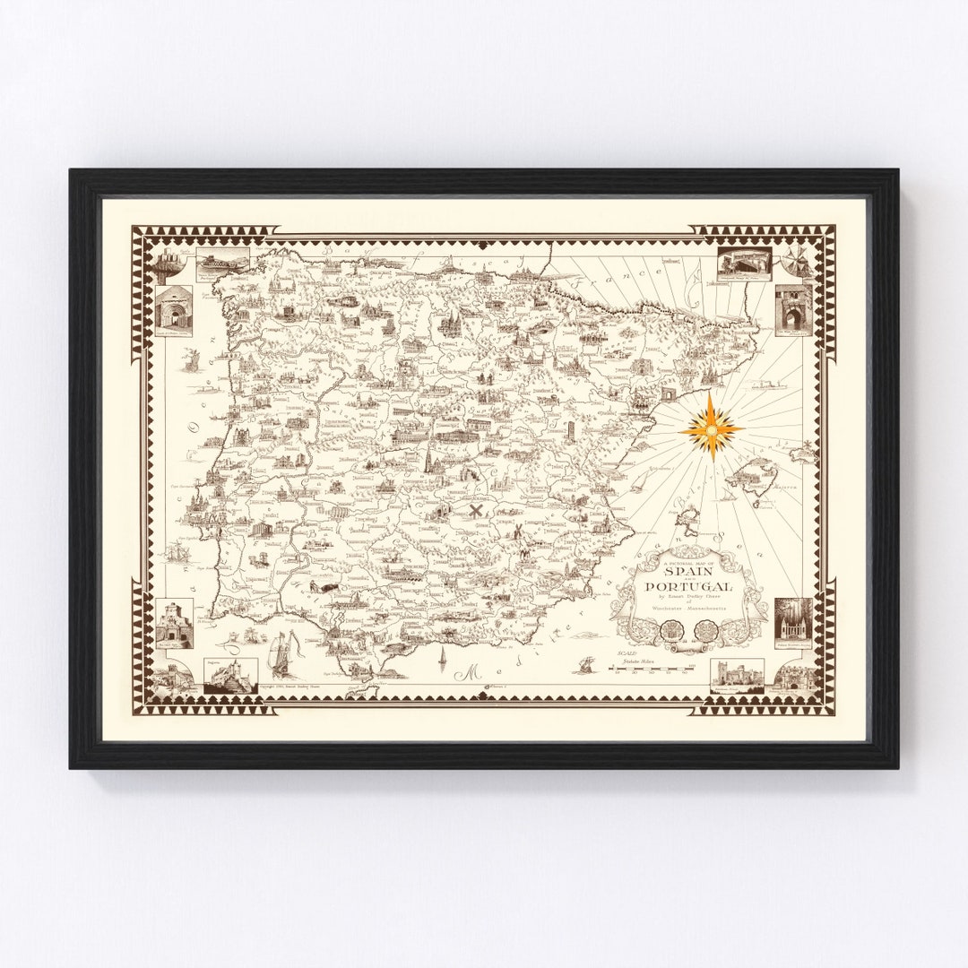 Spain Map 1935 - Old Map of Spain Art Print Framed Wall Art Vintage ...