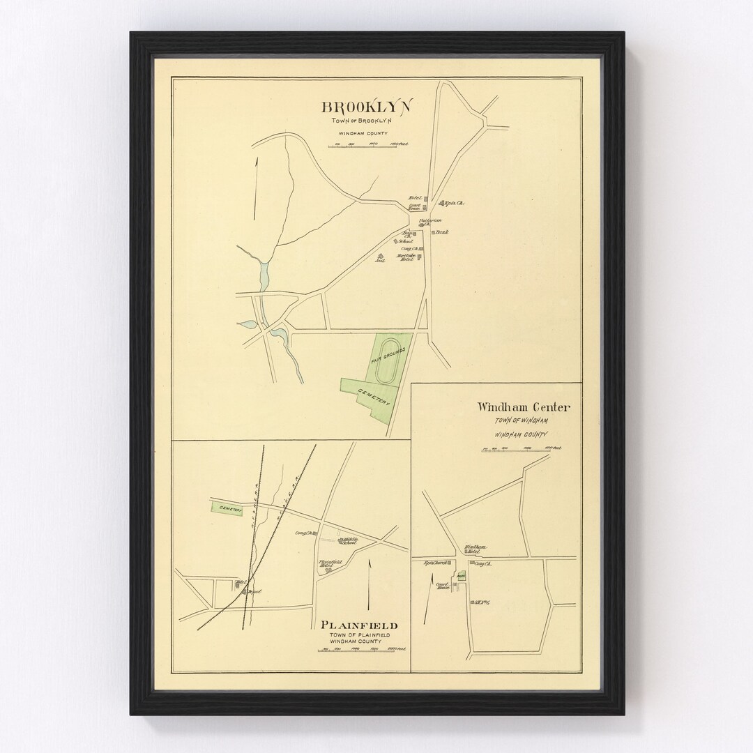 Brooklyn Map 1893, Vintage Brooklyn Map, Old Brooklyn Connecticut Art ...
