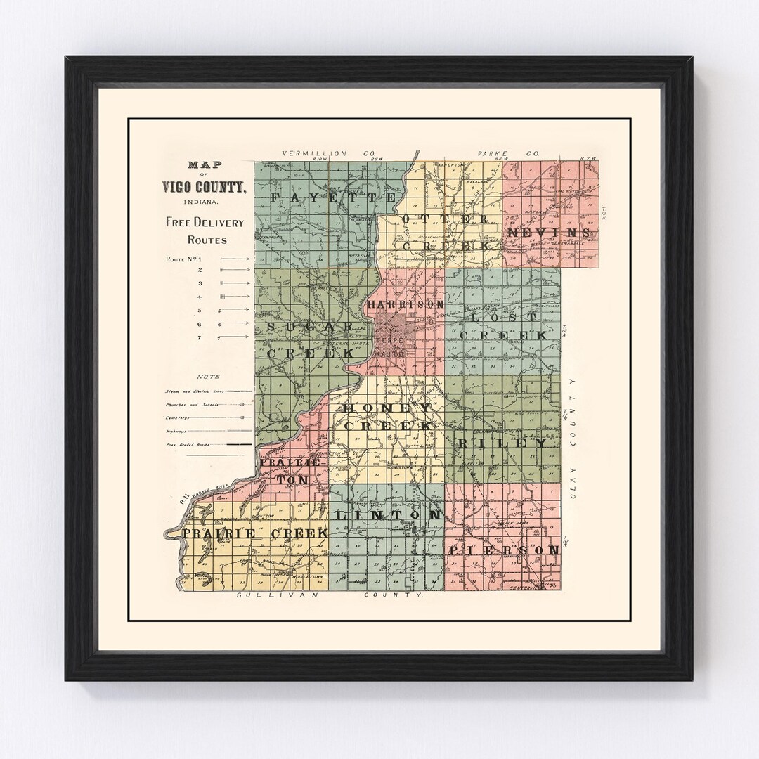 Vigo County Map 1907, Vintage Vigo County Map, Old Vigo County Indiana ...