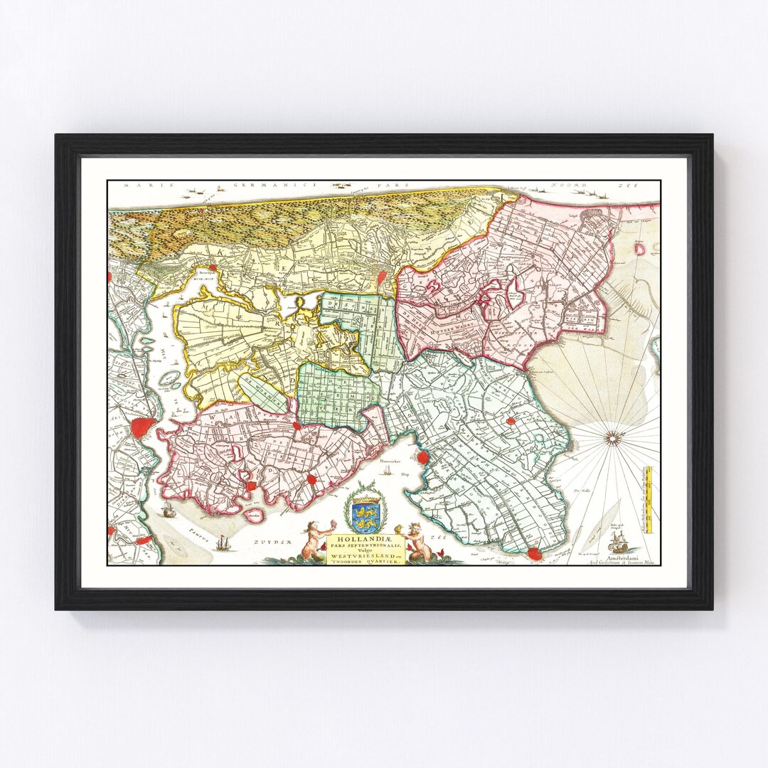 Netherlands Map 1665, Vintage Netherlands Map, Old Netherlands Art ...