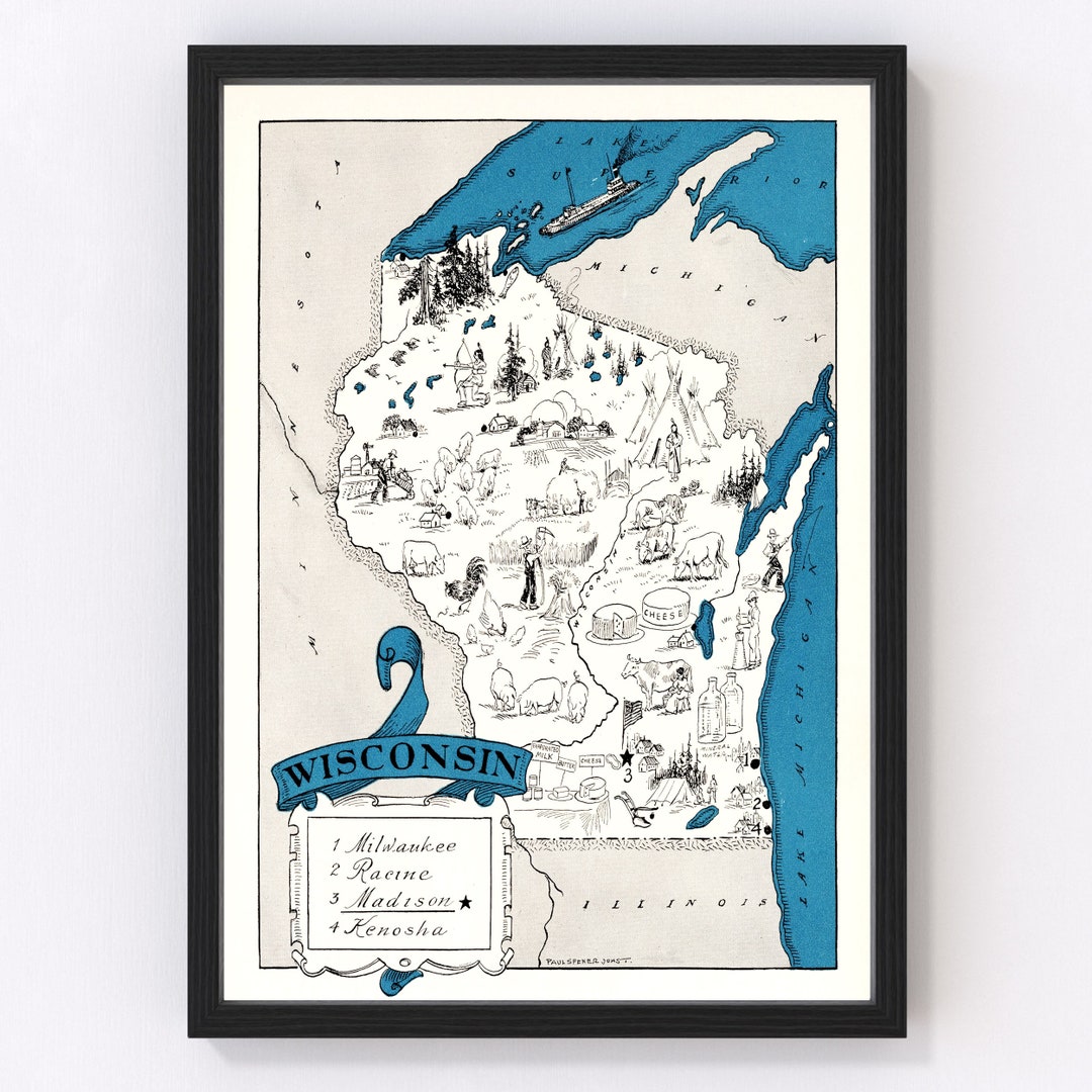 Wisconsin Map 1931, Vintage Wisconsin Map, Old Wisconsin Art, Wall Art ...