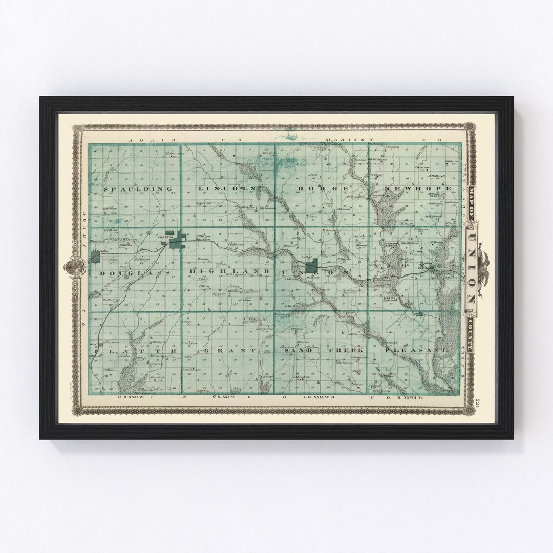 Union County Map 1875, Vintage Union County Map, Old Union County Iowa ...