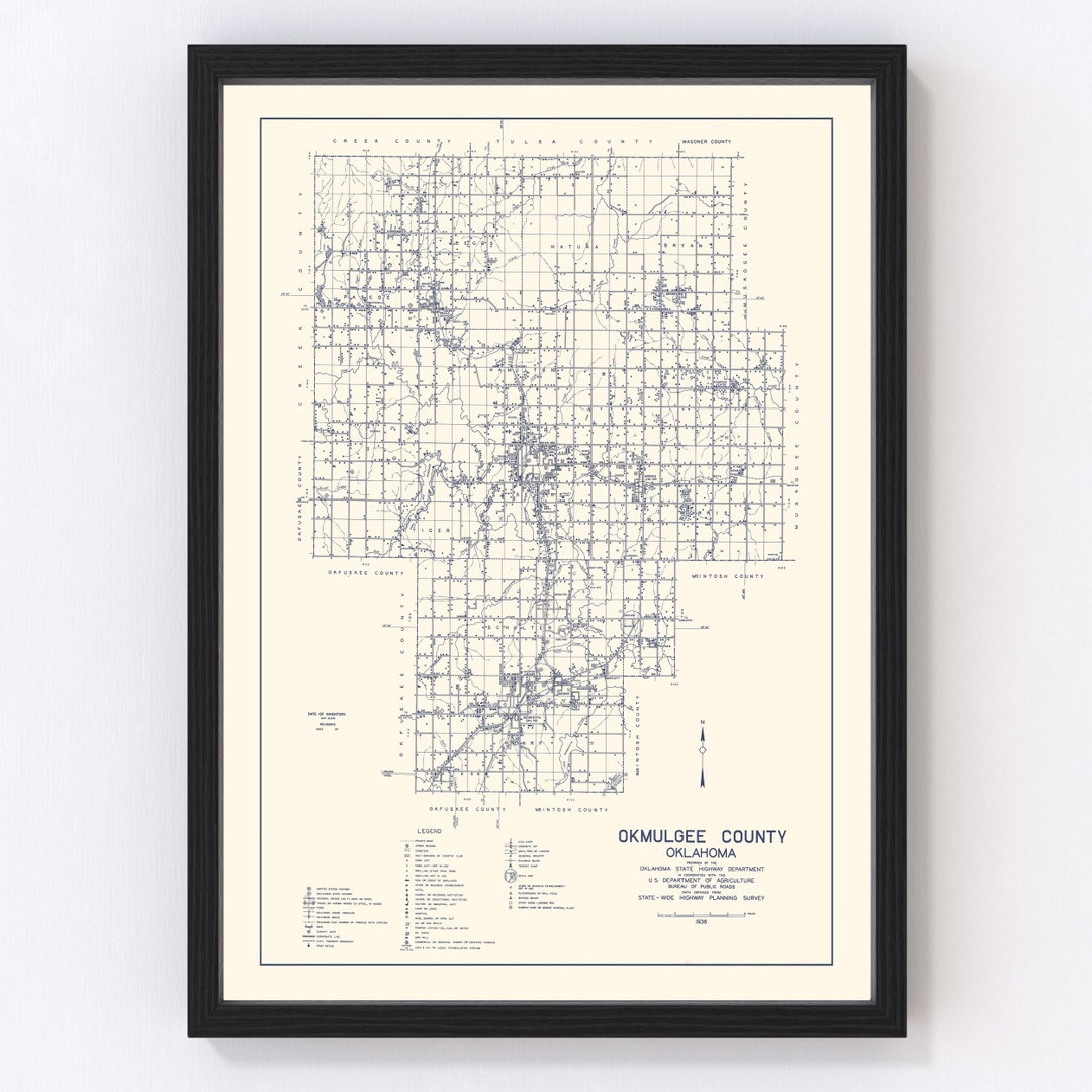 Okmulgee County OK Map 1936 Old Map of Oklahoma Art Vintage Print ...