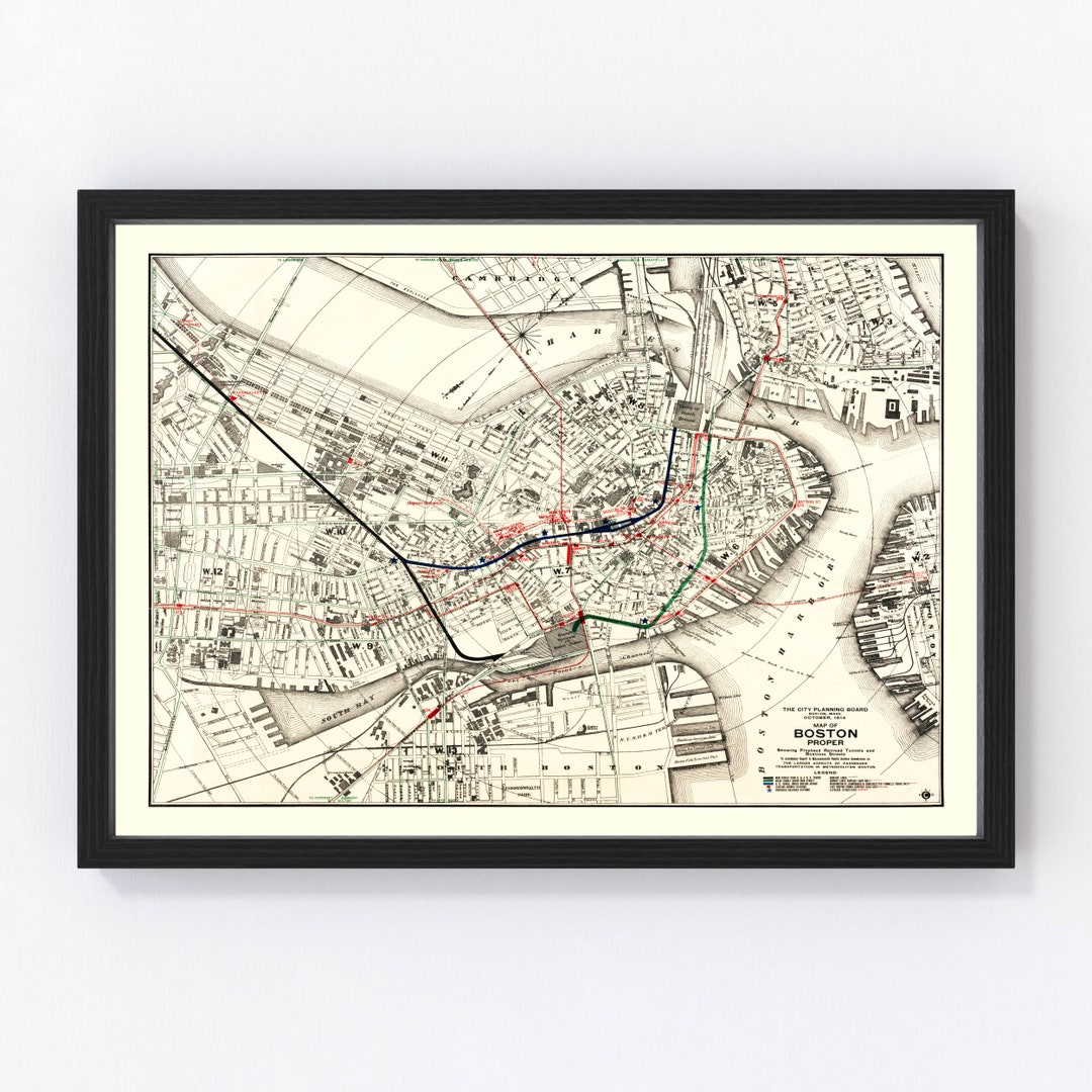 Boston Map 1914, Vintage Boston Map, Old Boston Massachusetts Art, Wall ...