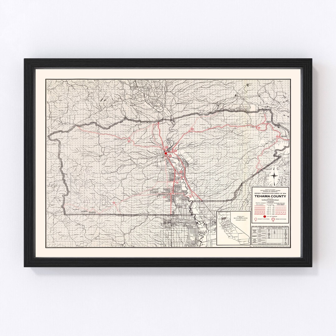 Tehama County CA Map 1935 Old Map of California Art Vintage Print ...