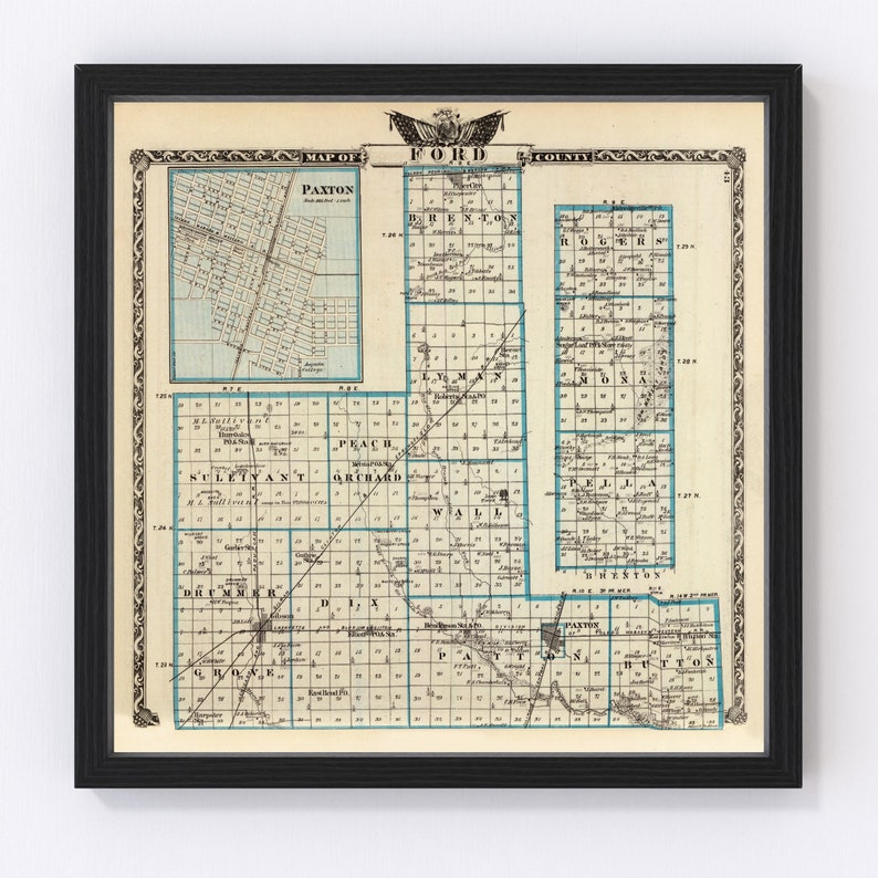 Ford County Map 1876, Vintage Ford County Map, Old Ford County Illinois ...