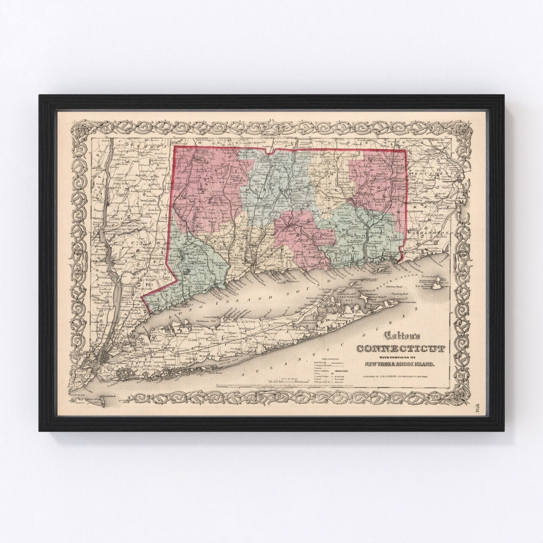 Connecticut Map 1861 - Old Map of Connecticut Art Vintage Print Framed ...